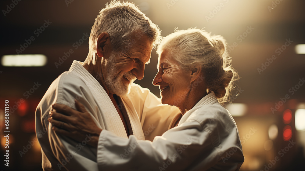 Dynamic photo of a senior couple in an Judo sparring in traditional ...