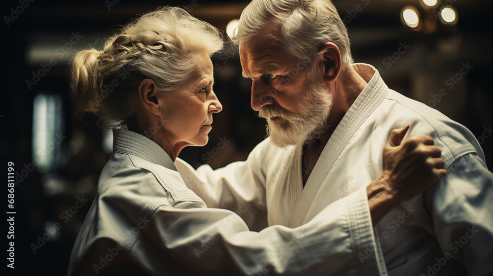Dynamic photo of a senior couple in an Judo sparring in traditional Judo costumes, in a Japanese ...