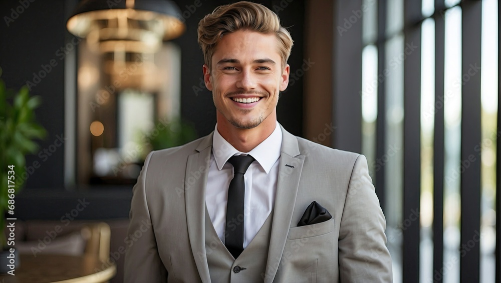 Handsome young white businessman in a light gray suit, smiling with ...