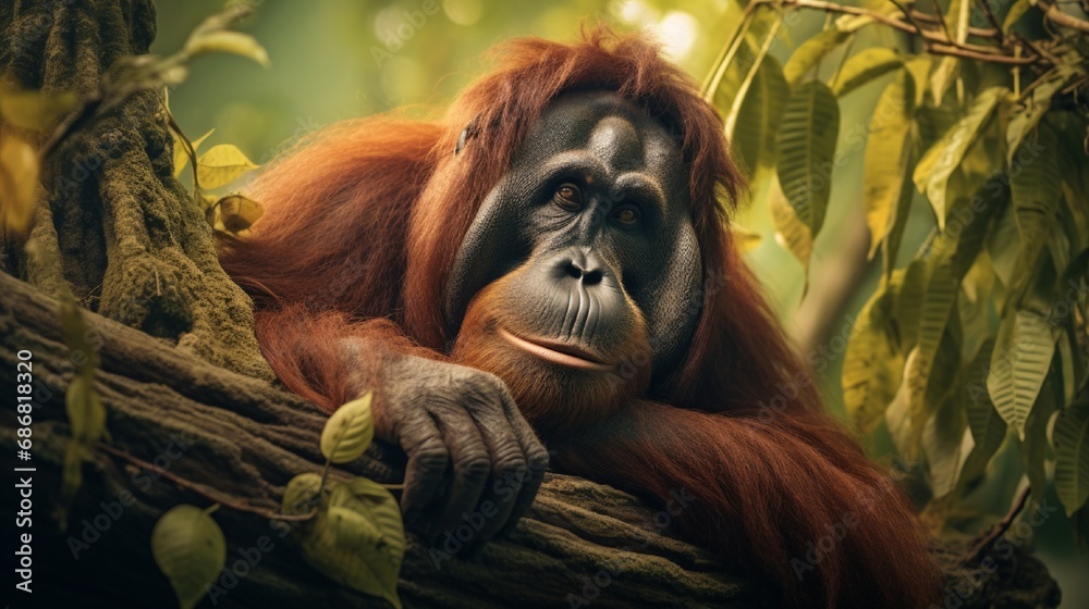 A wise old orangutan rests in the nook of a Bornean tree, its ...
