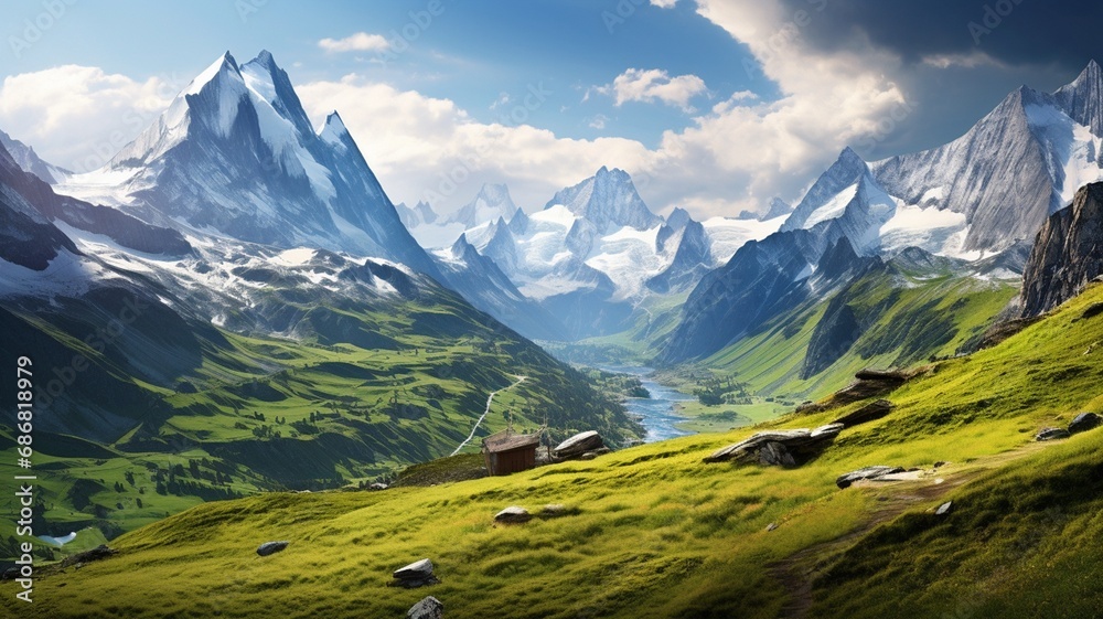 A breathtaking view of the Swiss Alps mountain range, with snow-capped ...