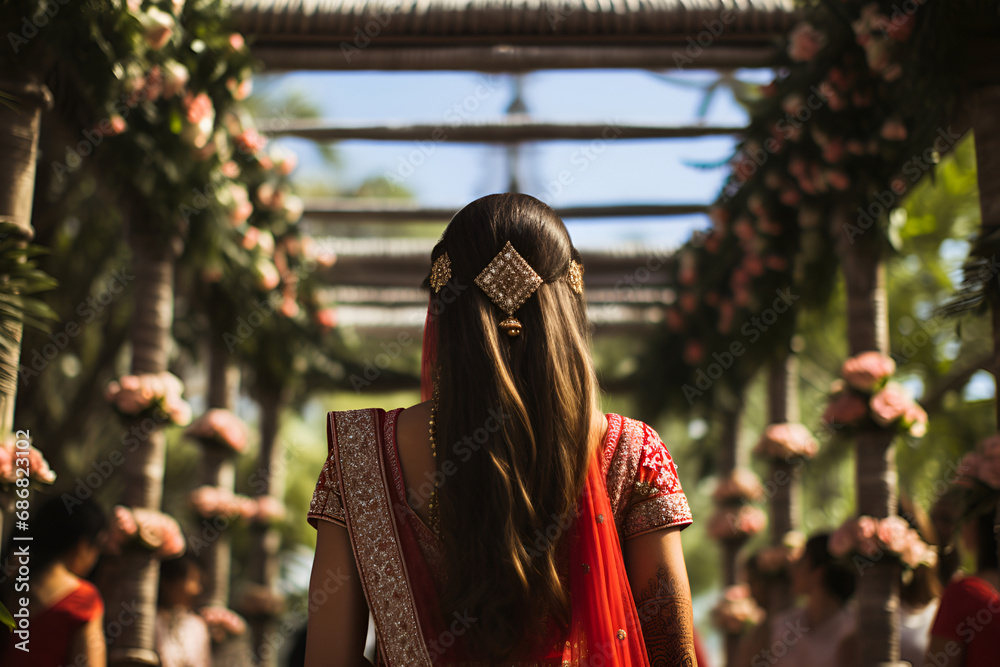 Indian bride at wedding ceremony in traditional clothes, back view ...