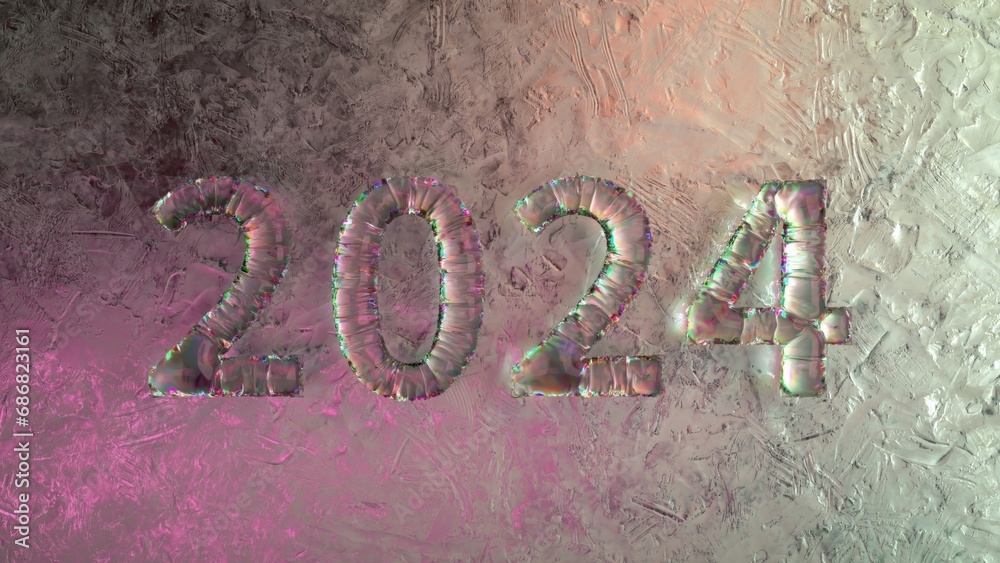 Iridescent 2024 balloons on a frosty texture, conveying a futuristic ...