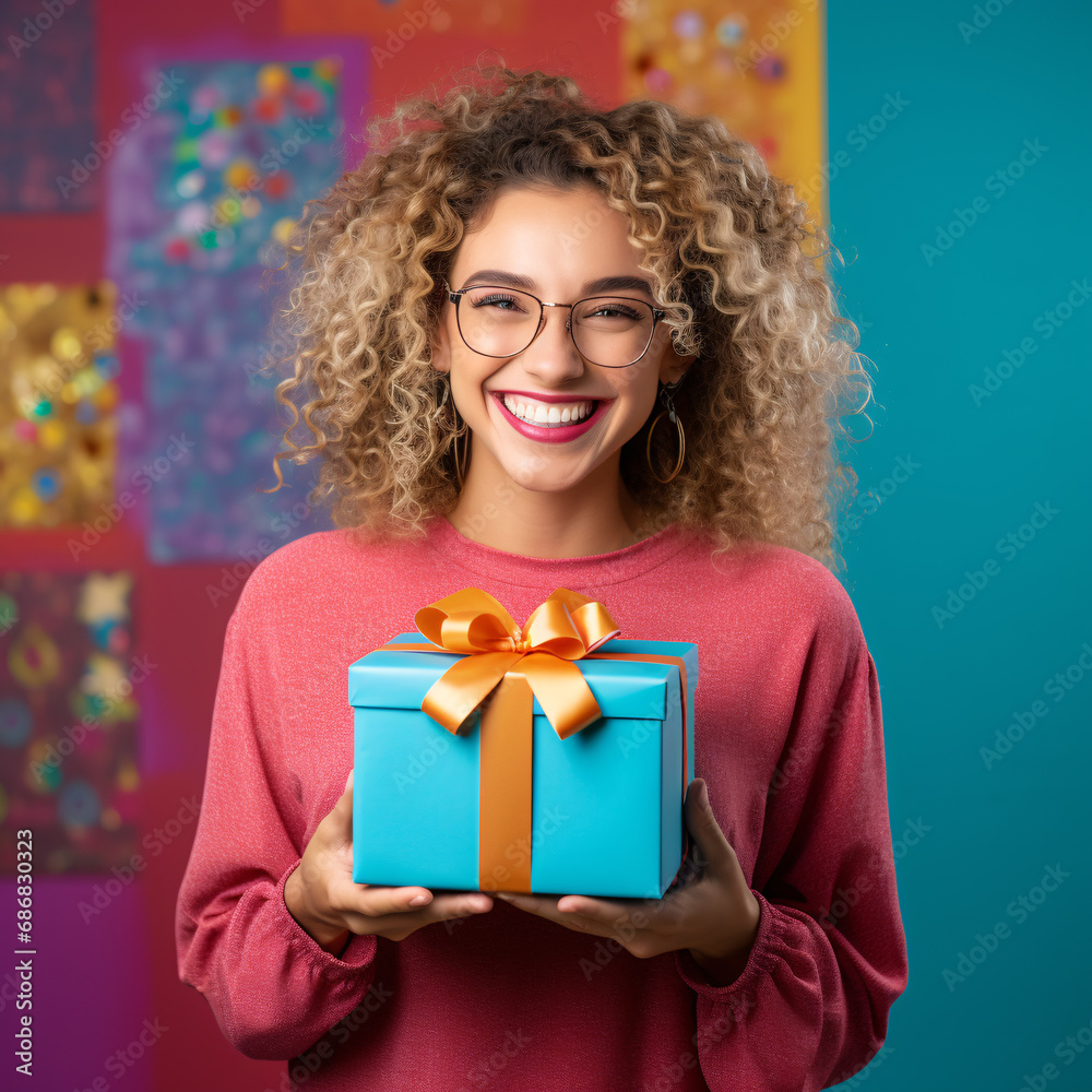 young woman with a bright smile was holding a gift box tightly. The ...