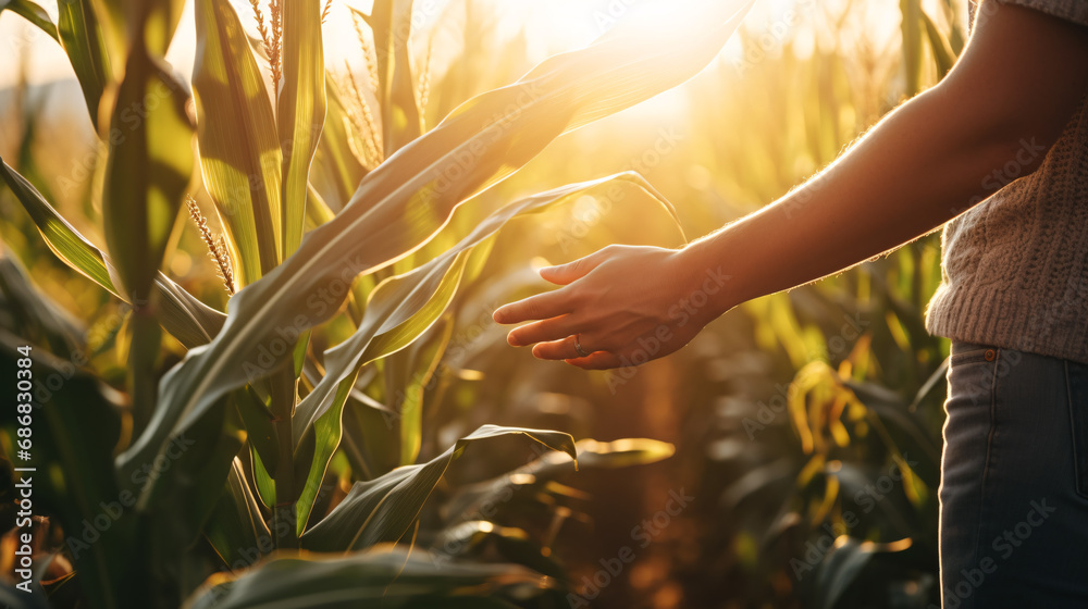 Farmer couple walking hand in hand in corn field It is picture that ...