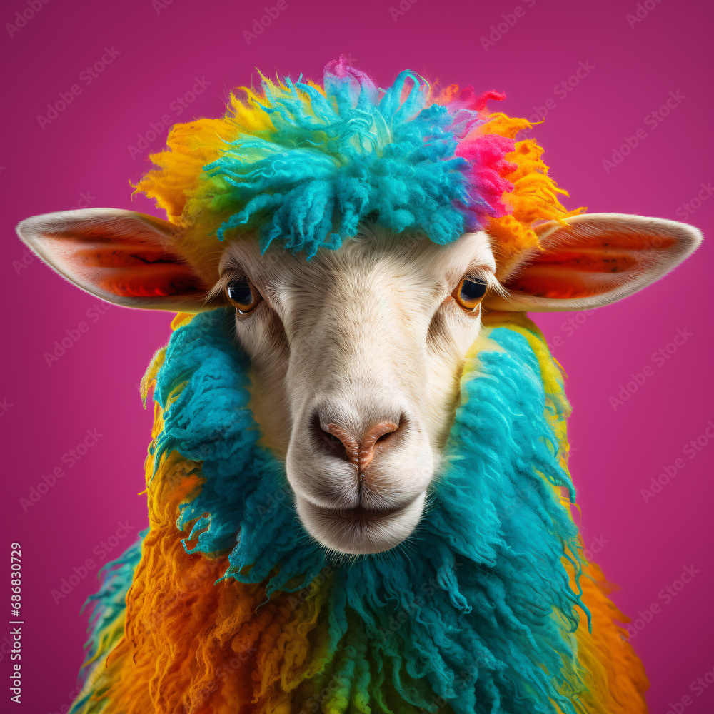 Portrait of sheep photographed in the studio With a multi-colored ...
