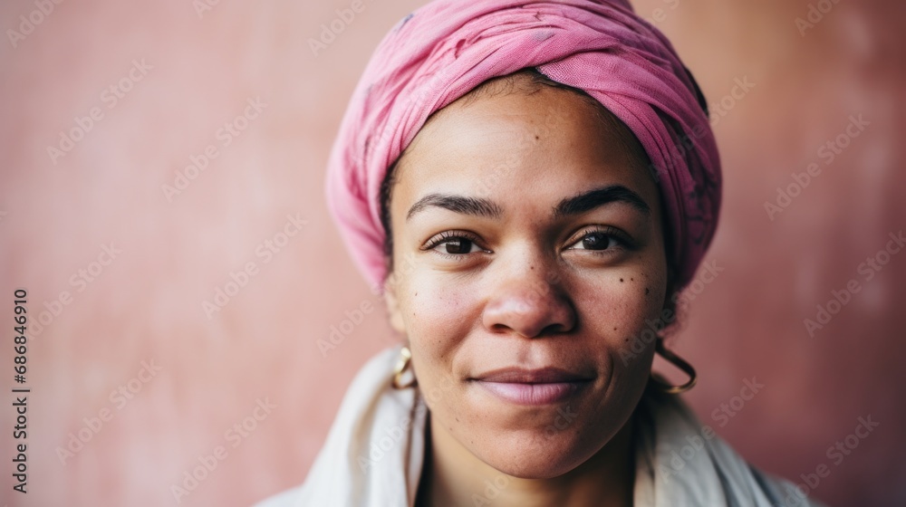 Moroccan woman confidently displays her flawed skin in a closeup ...