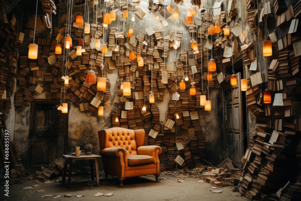 Step into an ethereal realm where old books hang suspended, creating a ...