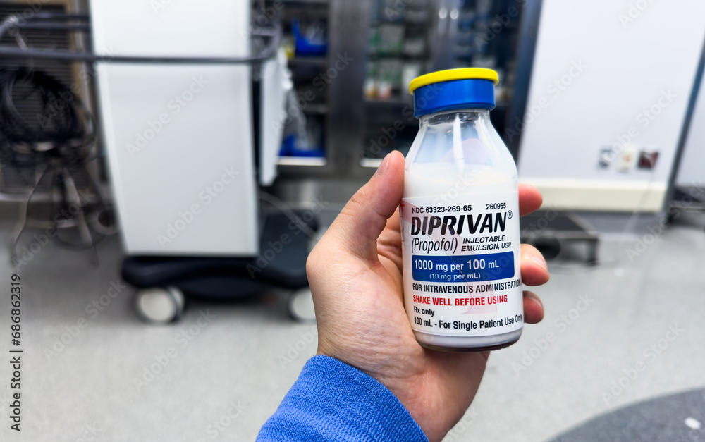 Chicago, IL, USA, December, 1, 2023, propofol bottle with label ...