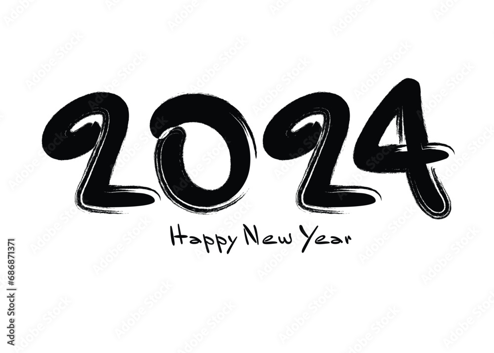 2024 Happy new year black vector illustration, numbers handwritten ...