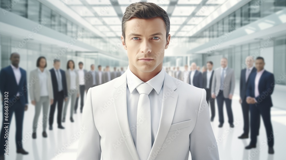 Businessman stands confidently with her team, embodying collaborative ...