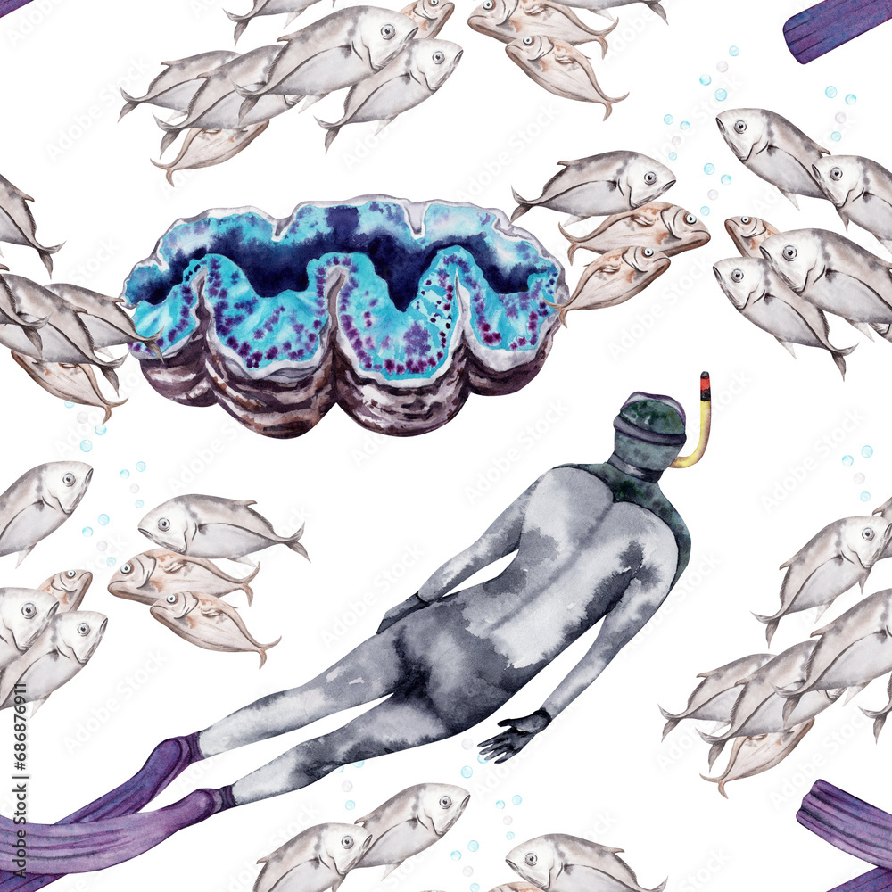 Seamless pattern with fishes, giant clam and a human diver. Hand drawn ...