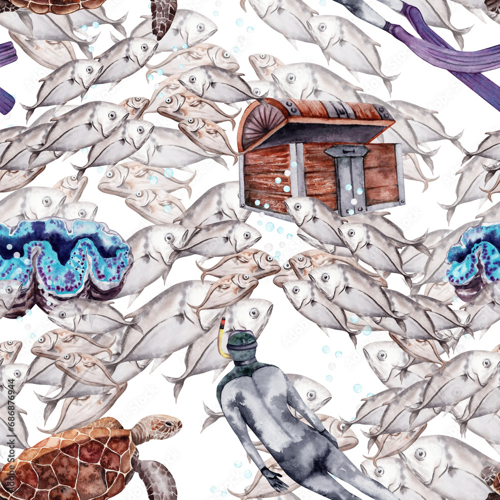 Seamless pattern with fishes, treasure chest, giant clam, turtle and a ...