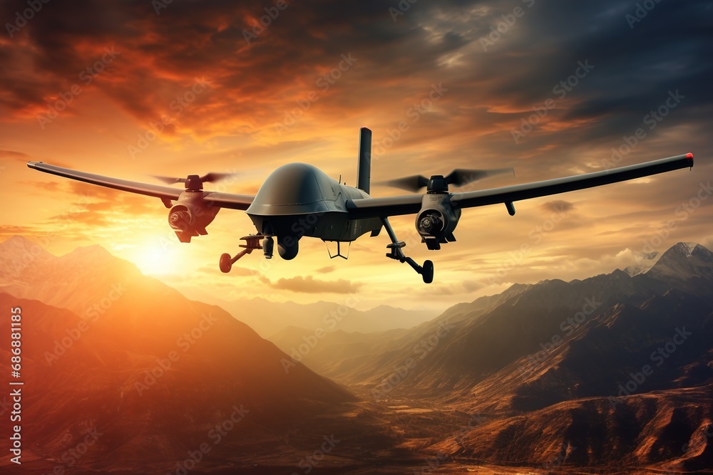 Unmanned military drone on patrol air territory at high altitude at ...