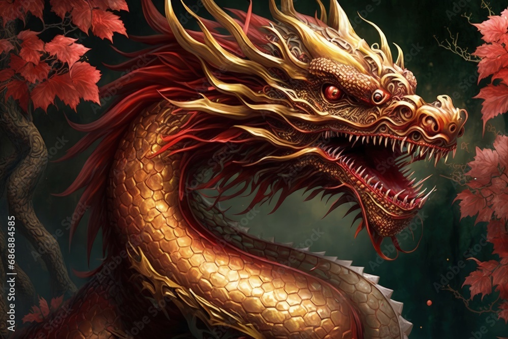 Detailed illustration of a majestic red and gold dragon fictional snake ...