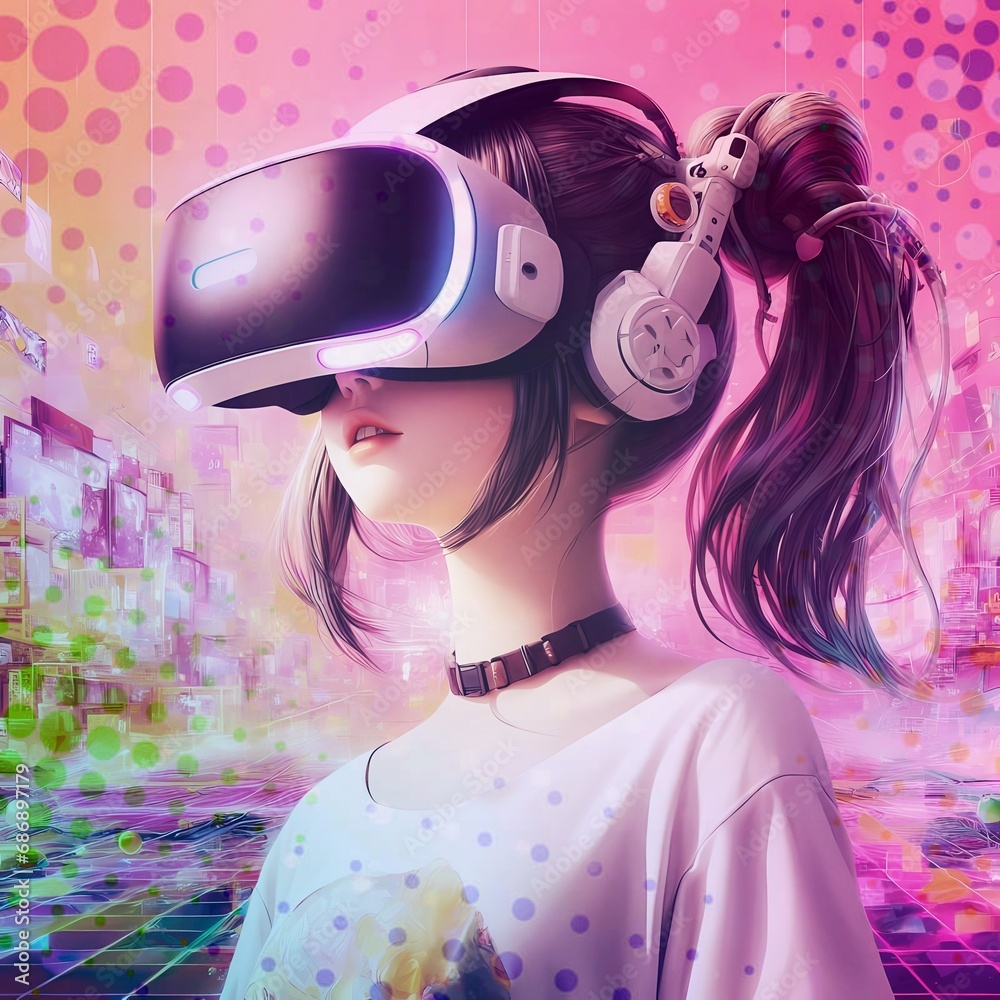 Girl VR Headset Virtual World virtual reality simulator. A girl in a ...