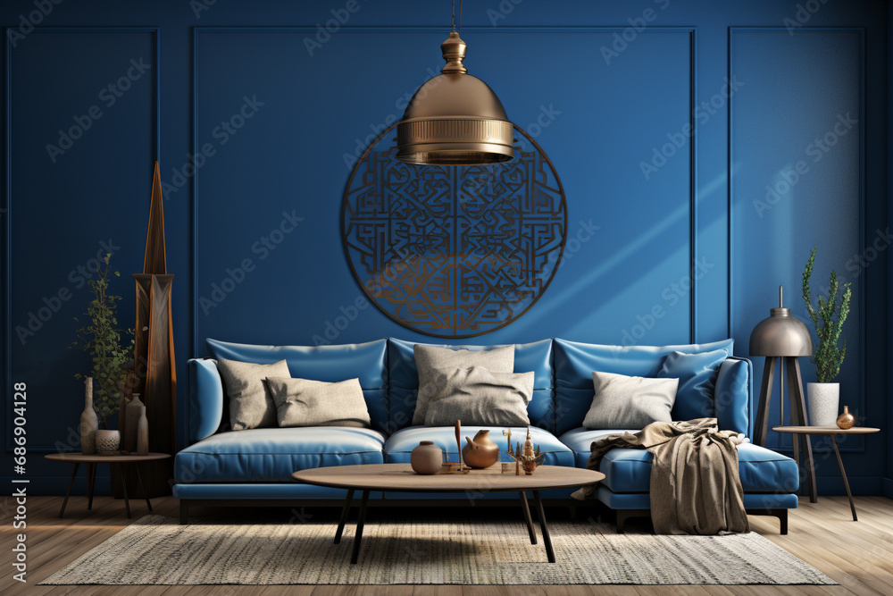 Blue room with sofa and tables with blue wall on blue background ...