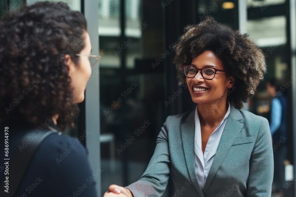 Mid-Aged Business Woman Welcoming Client with Handshake Stock Photo ...