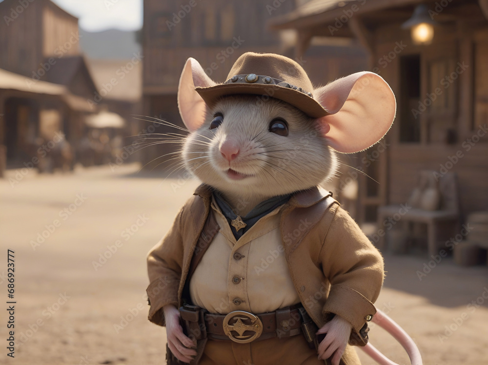 escena de pelicula de un Raton vestido de sheriff en el lejano oeste ...