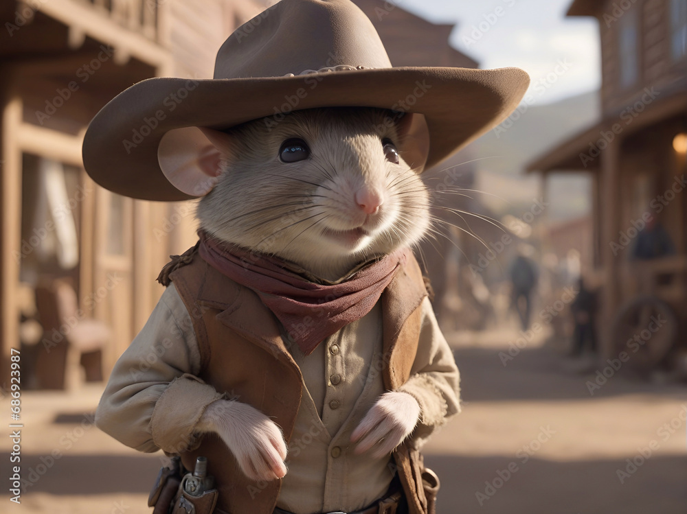 escena de pelicula de un Raton vestido de sheriff en el lejano oeste ...