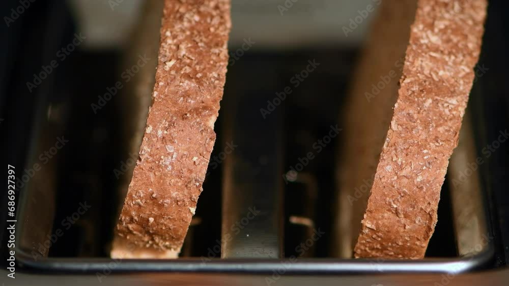 Extreme close-up two sliced pieces of Wholemeal toast popping out of ...