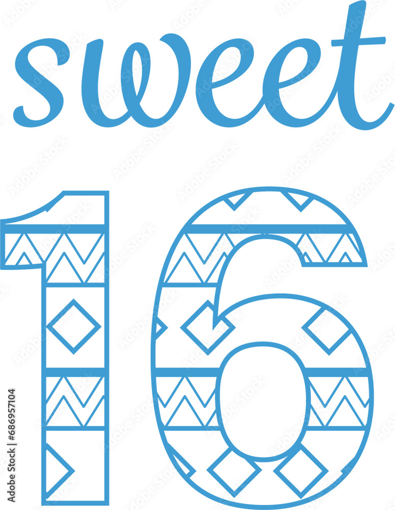 Digital png illustration of blue sweet 16 text with pattern on ...