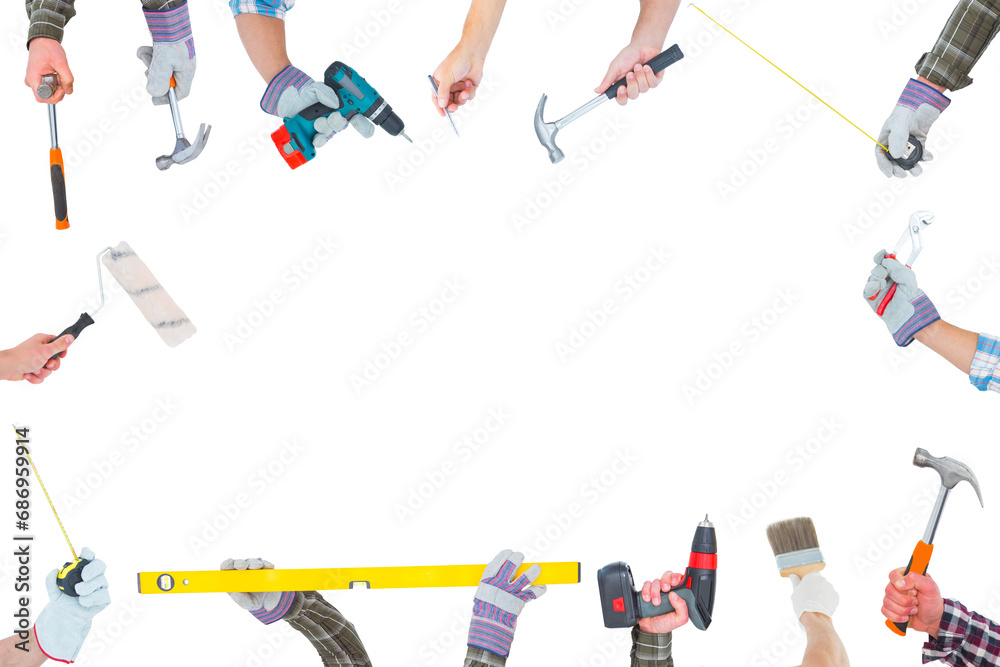 Digital png illustration of hands with work tools and copy space on ...