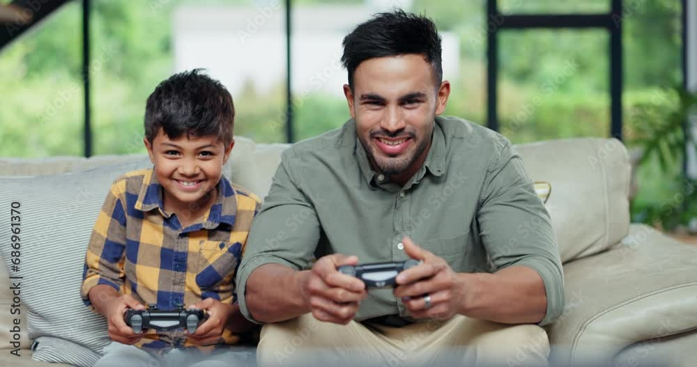 Dad, kid and play video game, smile and competition in home living room ...