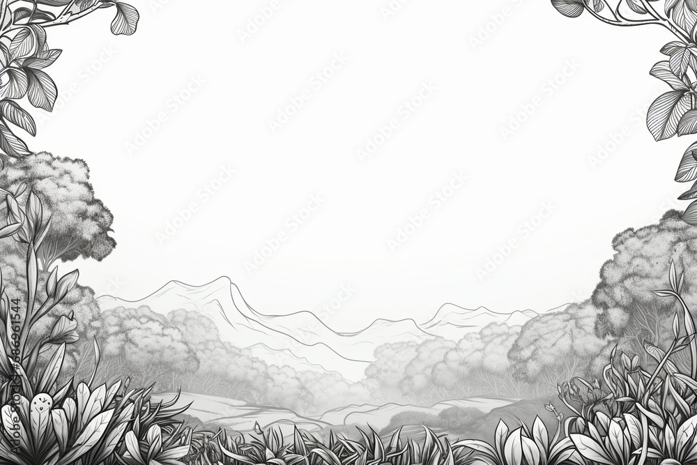 blank page with scenic decorated borders, outline doodle art style ...