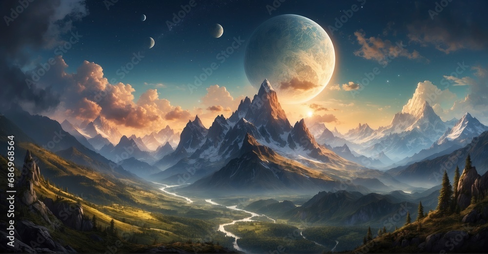 Embark on a visual journey through a fantasy mountain scape, where ...