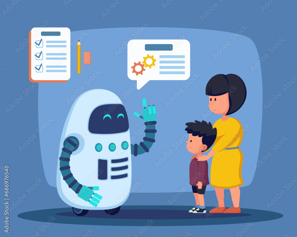 Robot teacher talking to mother and school boy vector illustration ...