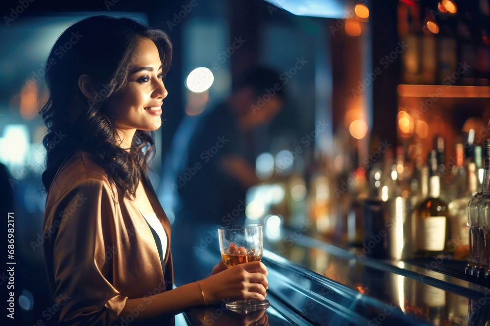 Beautiful young woman sitting at a bar with a glass of whiskey in a ...