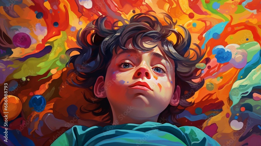 Illustration in bright colors as a painting with a portrait of a child ...