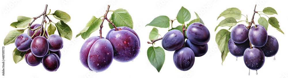 Set of Plum ,botanical drawing llustration cut out transparent isolated ...