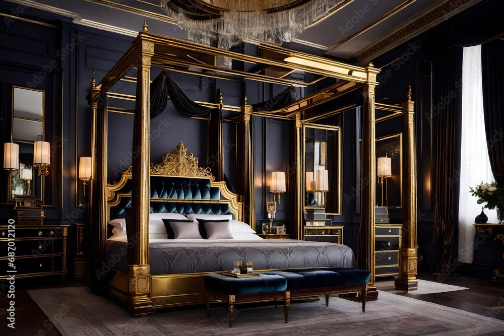 A regal bedroom fit for a king, featuring a four-poster bed with velvet ...