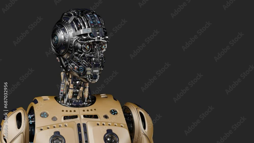 Futuristic robot man walk or male humanoid cyborg steps from left to ...