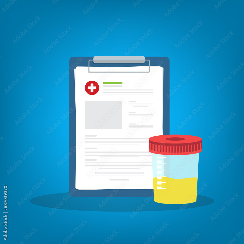 Urine analysis. Urine test icon. Pee sample in a plastic box and ...