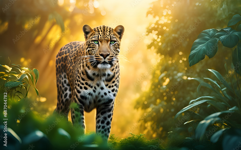 Jaguar Leopard Tier abwartend stehend beobachtet im Dschungel grüne ...