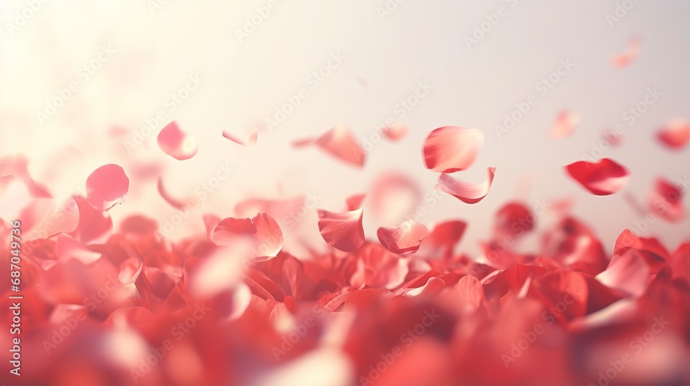 Red rose petals gently falling in soft sunlight, fragile feminine ...