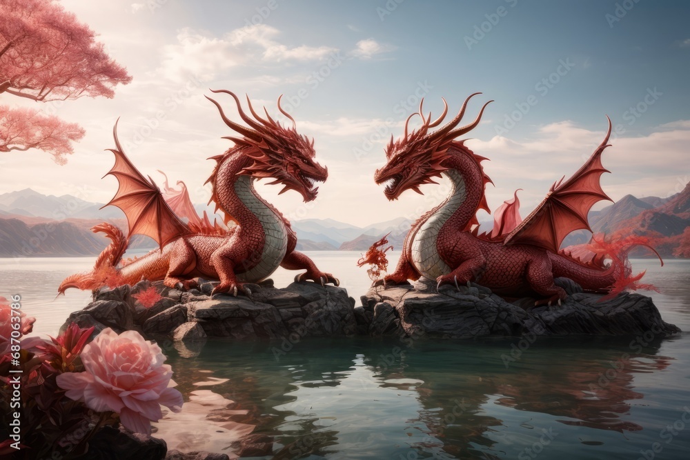 Two red dragons face each other in a fantastic lake. The year 2024 is a symbol. Stock ...
