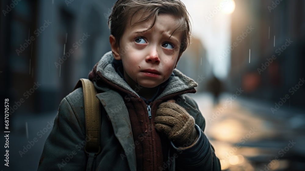 Upset school male child walking on the street and looking with sad ...