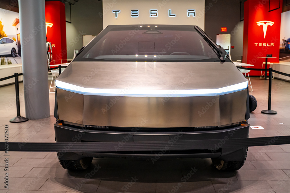 Front view of Tesla Cybertruck. Tesla showroom at the Santana Row, San ...