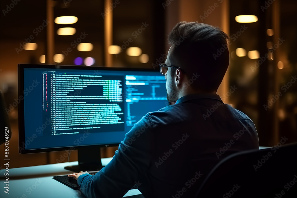 Busy smart business man software developer engineer programmer working late on pc computer in ...