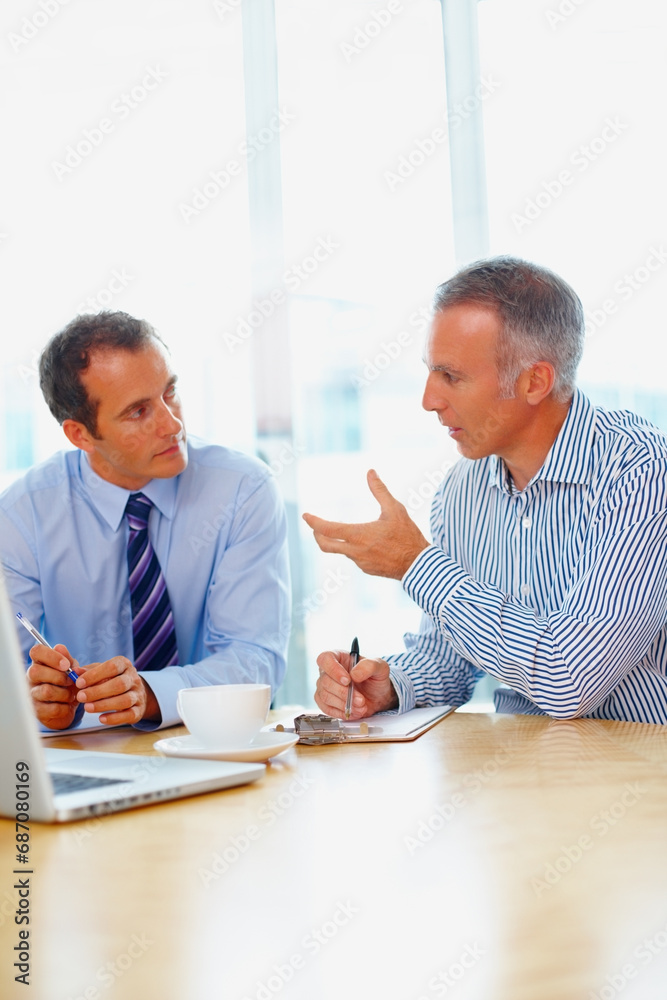 Business men, documents and writing in meeting for advice, support and ...