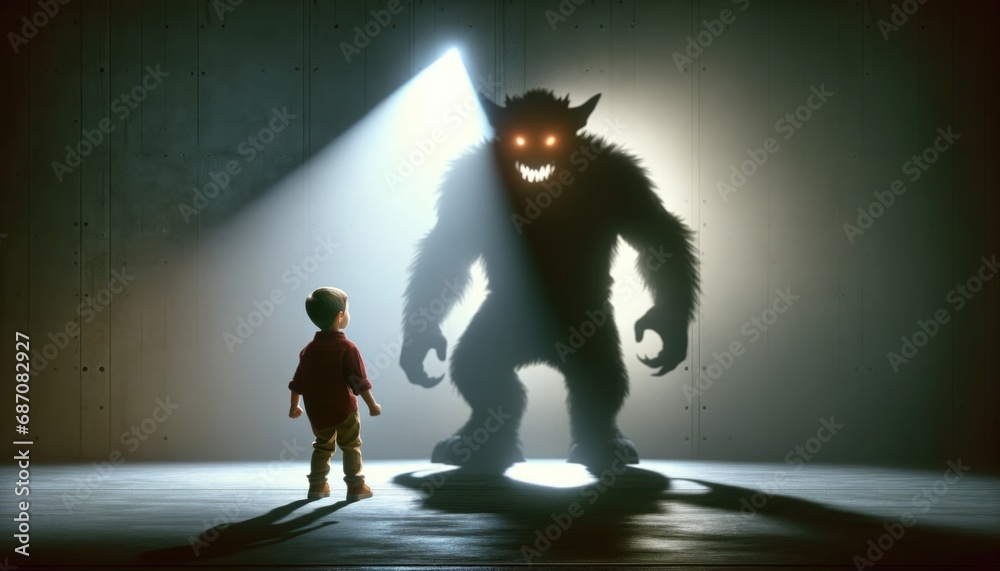 A young child standing fearlessly as their shadow morphs into a ...