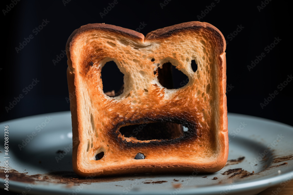 Burnt toast with an angry face expressing the emotion of sadness or ...
