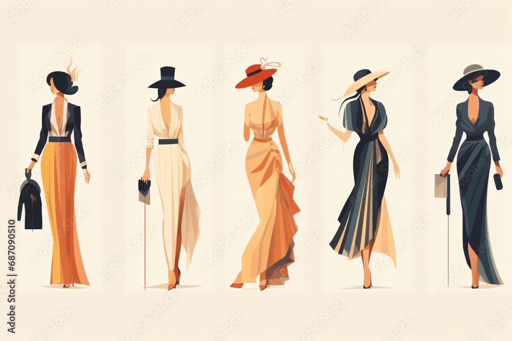 Cartoon illustration of vintage fashion with models wearing vintage and ...