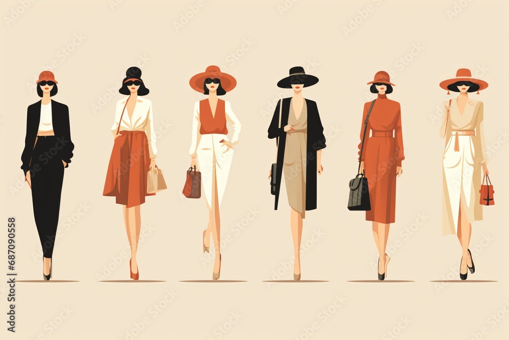 Cartoon illustration of vintage fashion with models wearing vintage and ...