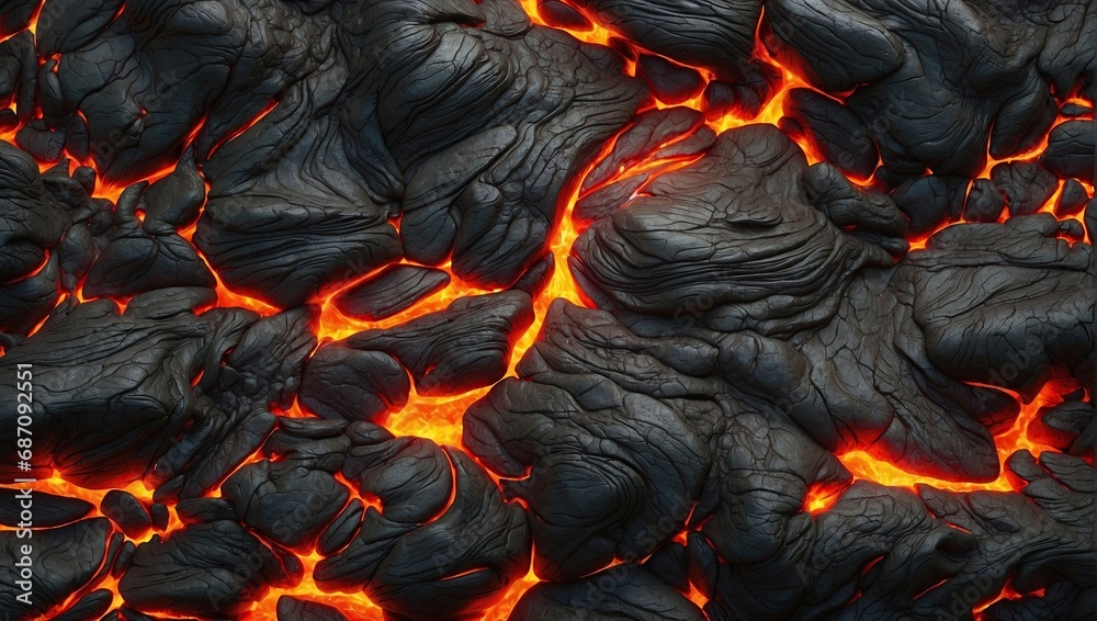 Dramatic lava texture with glowing red fissures between dark, crusted ...