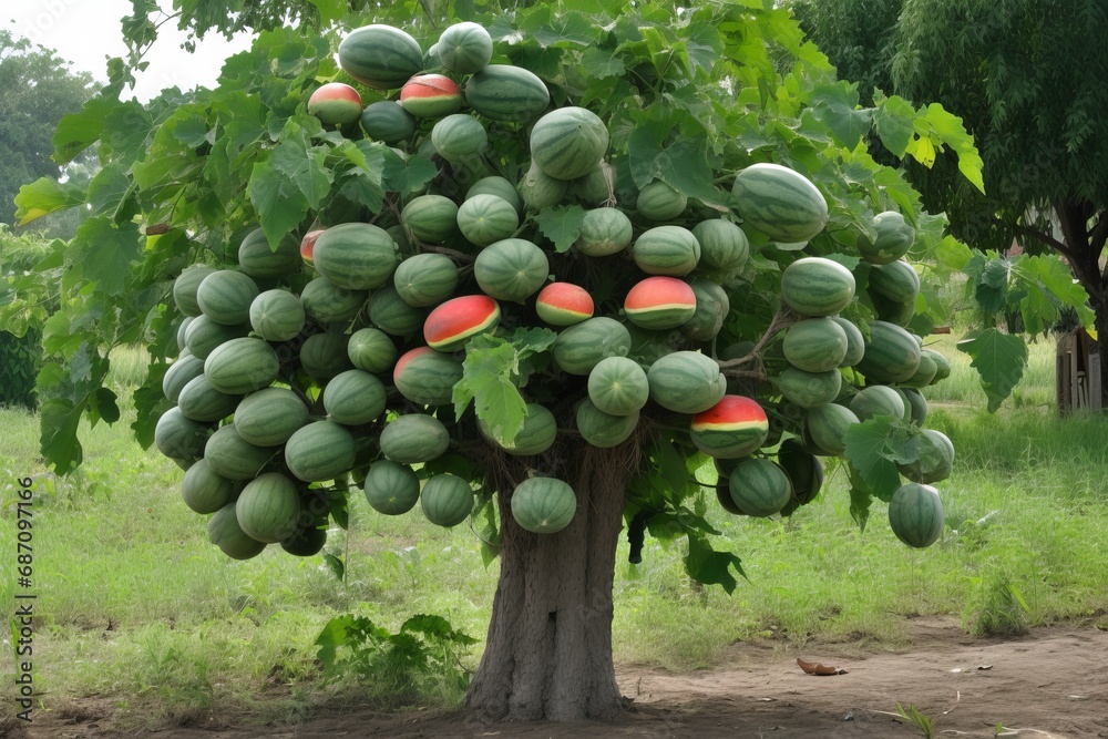 Whimsical tree bearing large watermelons, a fantastical scene where ...